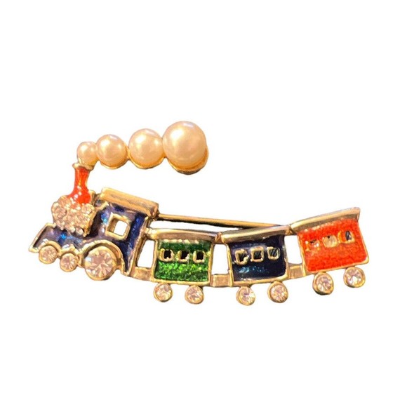 Unknown | Jewelry | Vtg Locomotive Train Pin Gold Tone Crystal Accents ...